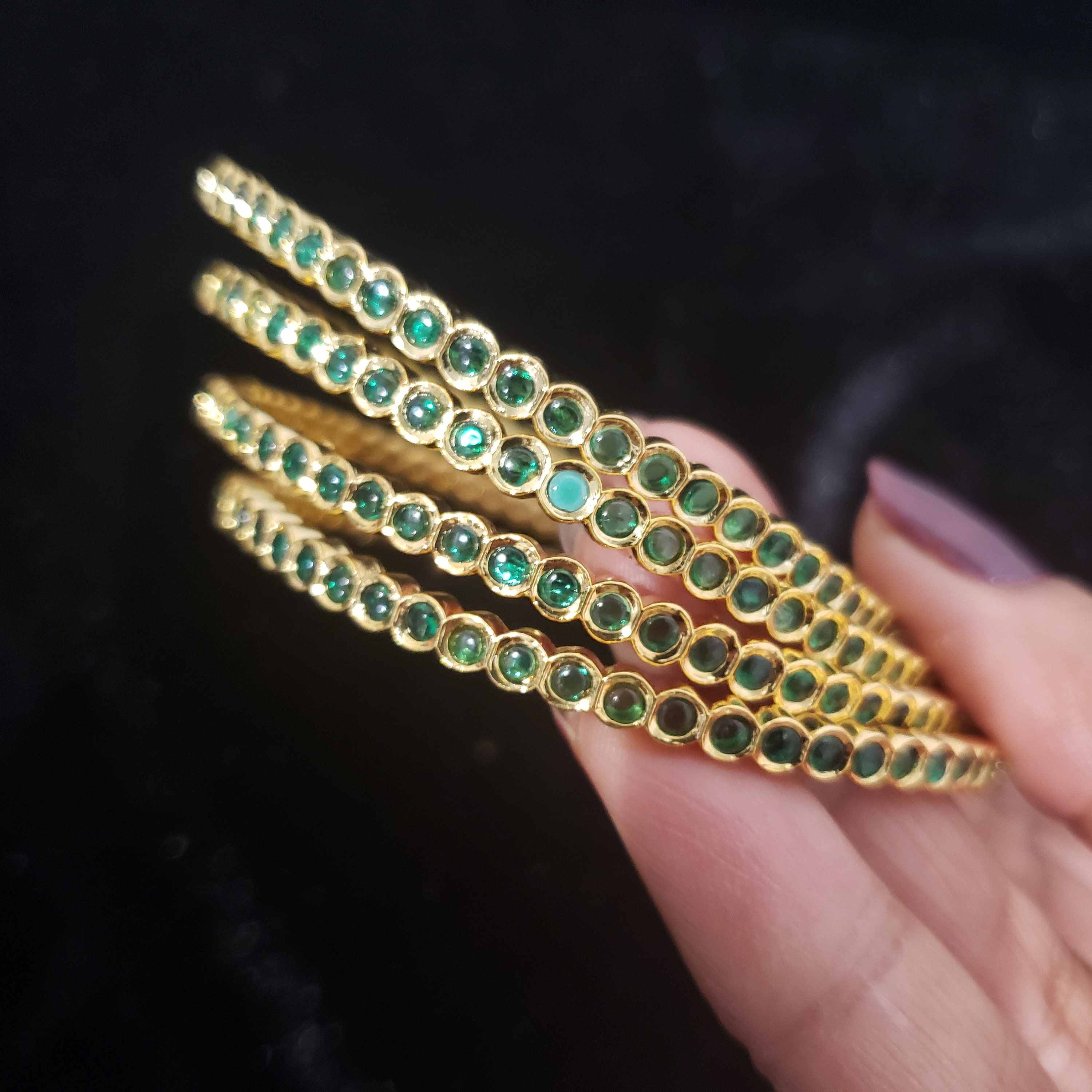 Green Pota 4 Bangle Set, 22k Gold Plated, Semi Precious Emerald Bangles ...
