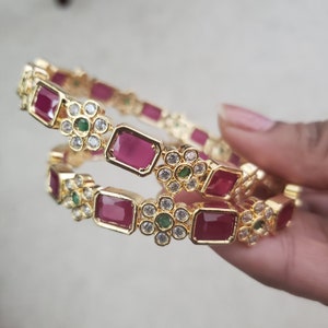 Ruby Bangles Set, 2 Bangle Set, 22k Gold Plated, White CZ and Semi ...