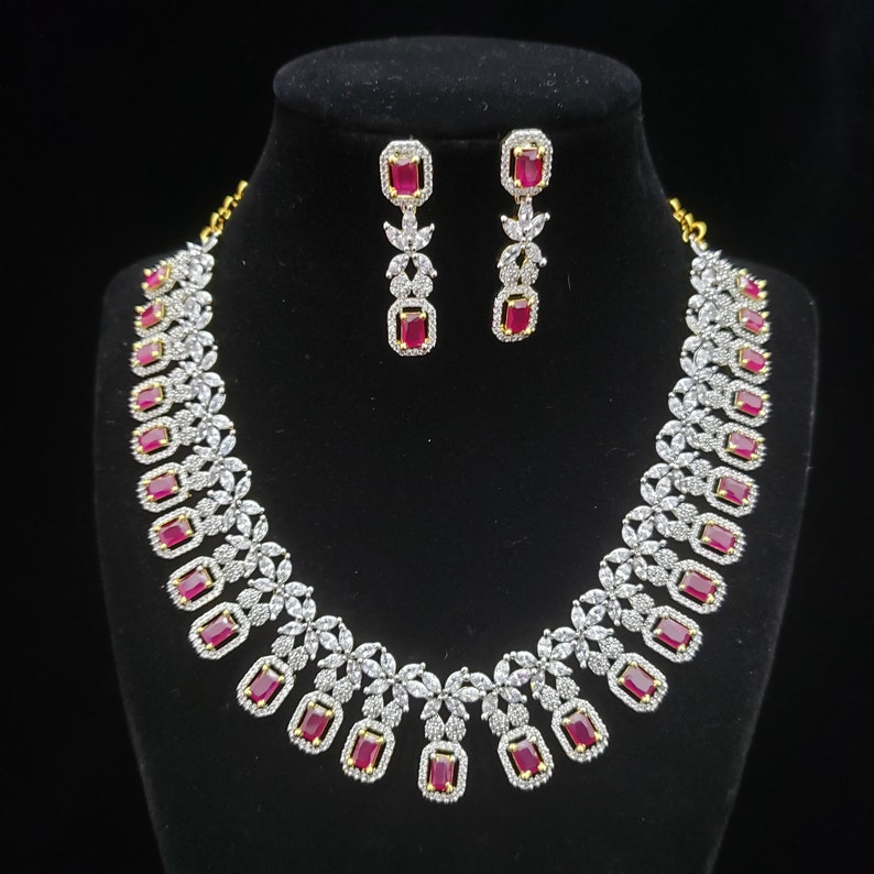 Ruby and CZ Necklace, American Diamond, Bridal Jewelry, Semi Precious ...