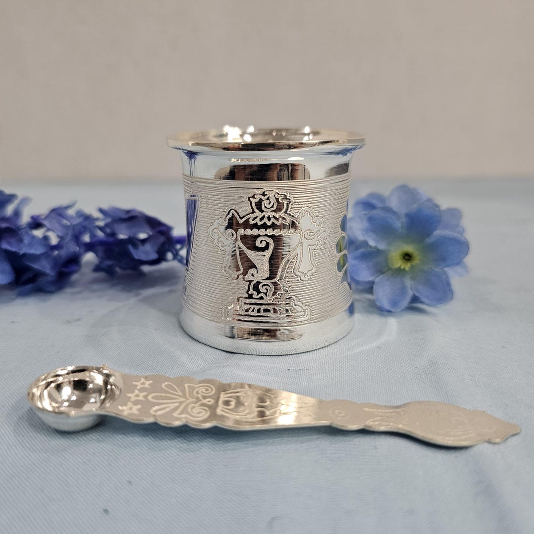 Pure Silver Pancha Patra With Spoon, Shanku Chakra Design, Housewarming ...