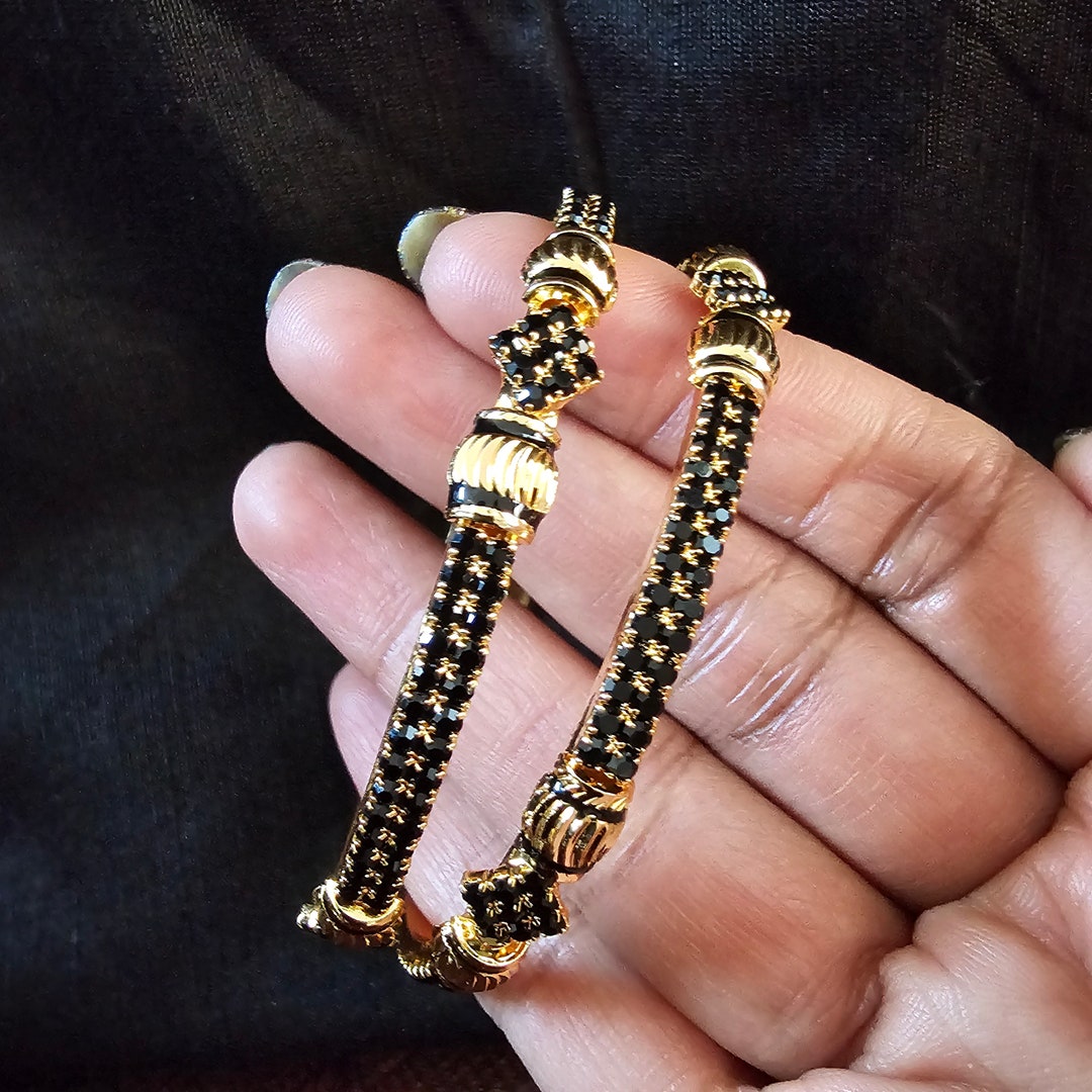 Black Stones Bangles Set, 2 Bangle Set, 22k Gold Plated, Diamond Finish ...