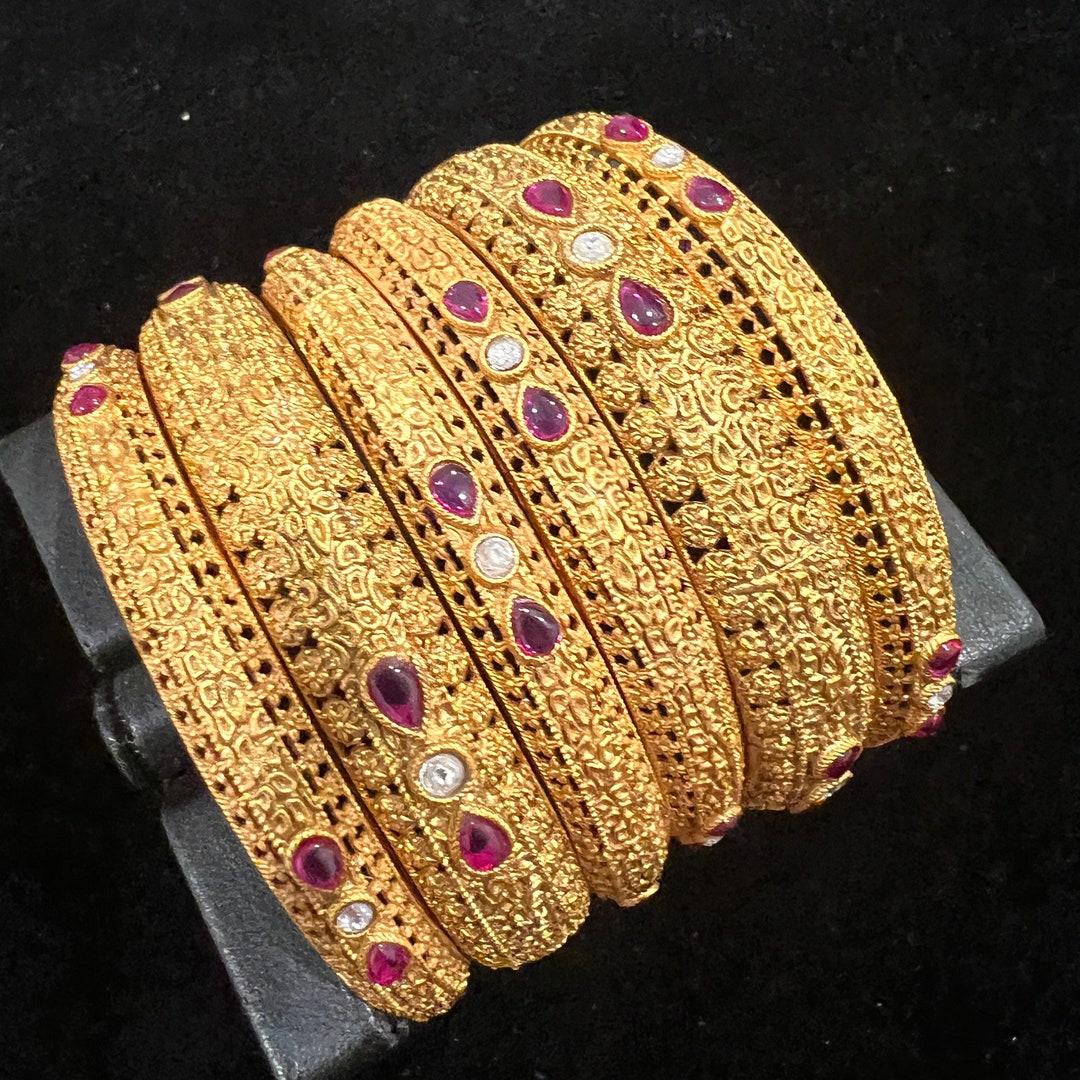 6 Set Bridal Bangles, Antique Finish One Gram Gold Color Bangles ...