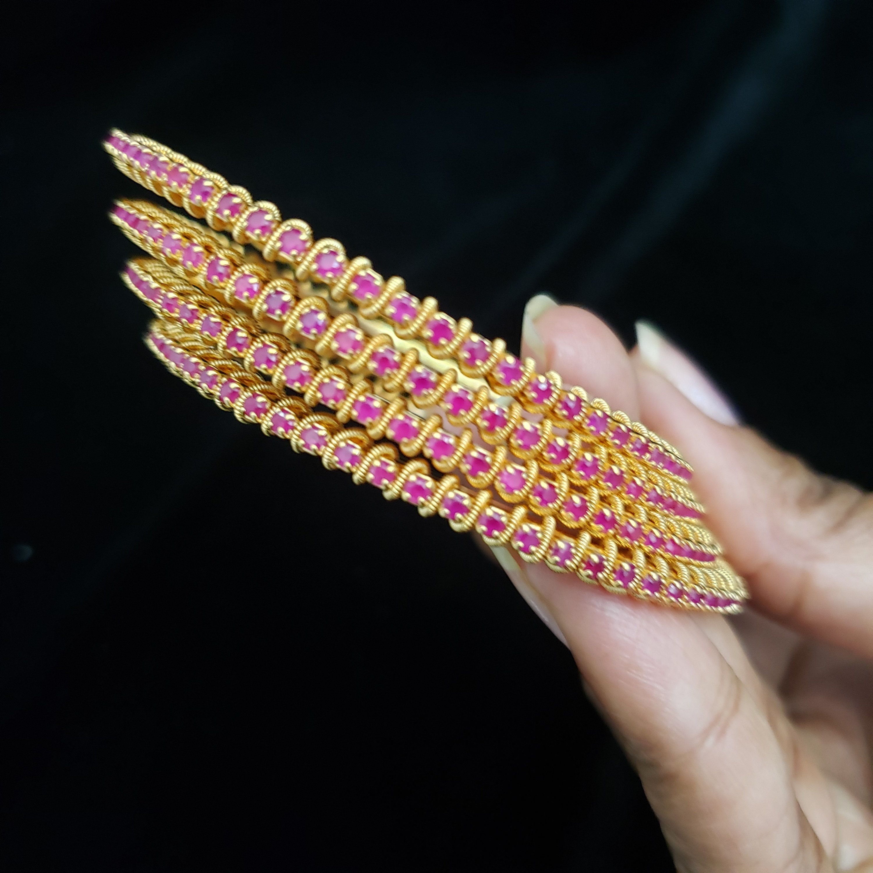 Pink Stones Bangles With Gold Covering Wire, 4 Bangles Set, Pink Stones ...
