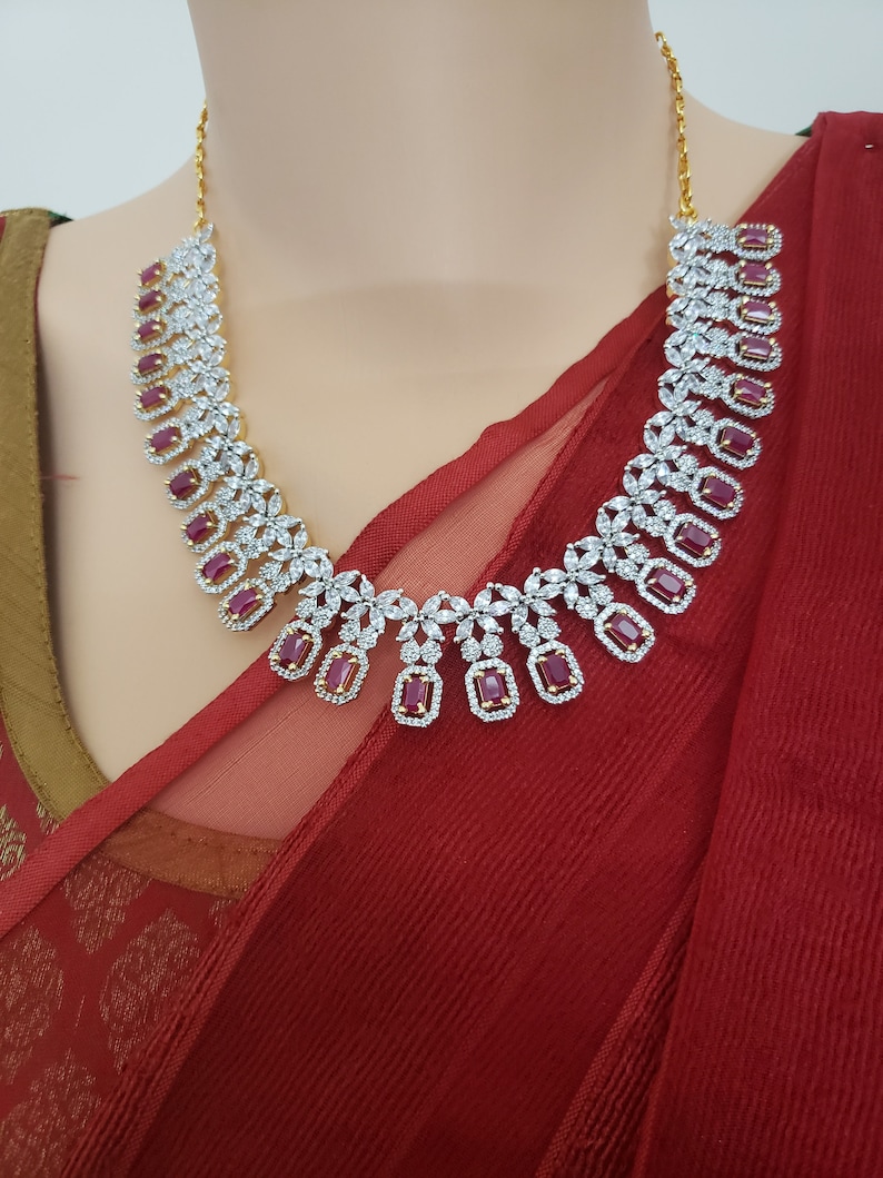 Ruby and CZ Necklace, American Diamond, Bridal Jewelry, Semi Precious ...