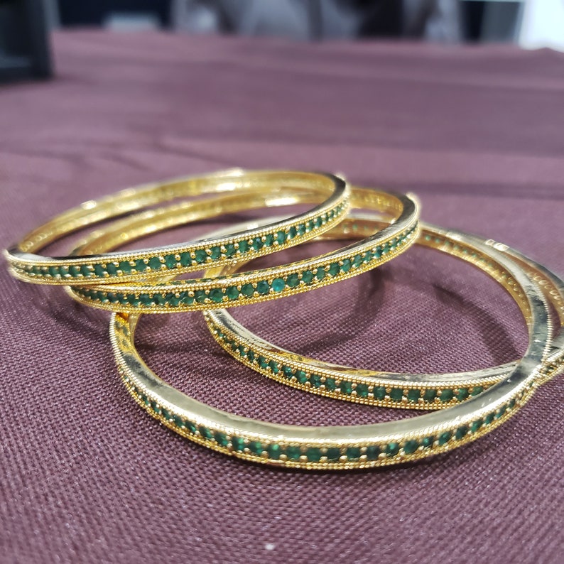 Green Bangles Set, 4 Bangle Set, 22k Gold Plated, White CZ Bangles Set ...