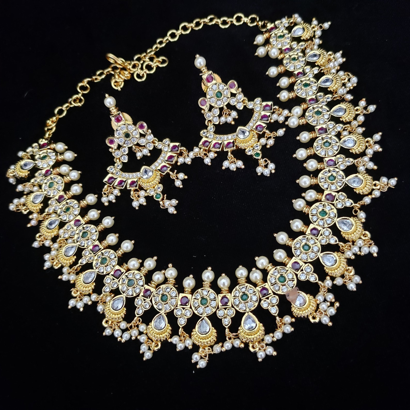 Guttapoosalu Necklace Pota Stones With Uncut Czs and Pearls | Etsy