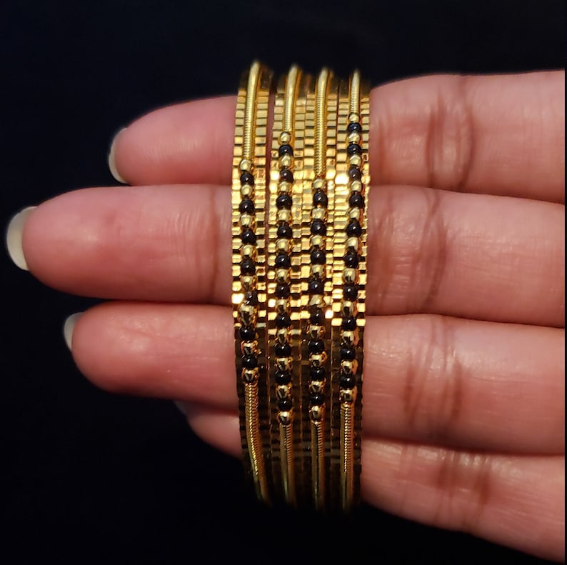 Black Beads Bangles Set 4 Bangle Set 22k Gold Plated Black | Etsy