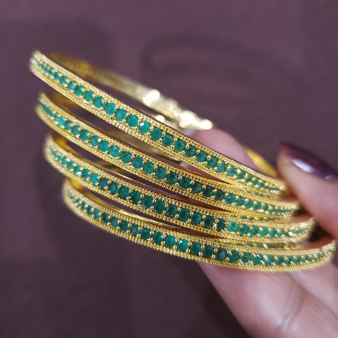 Green Bangles Set, 4 Bangle Set, 22k Gold Plated, White CZ Bangles Set ...