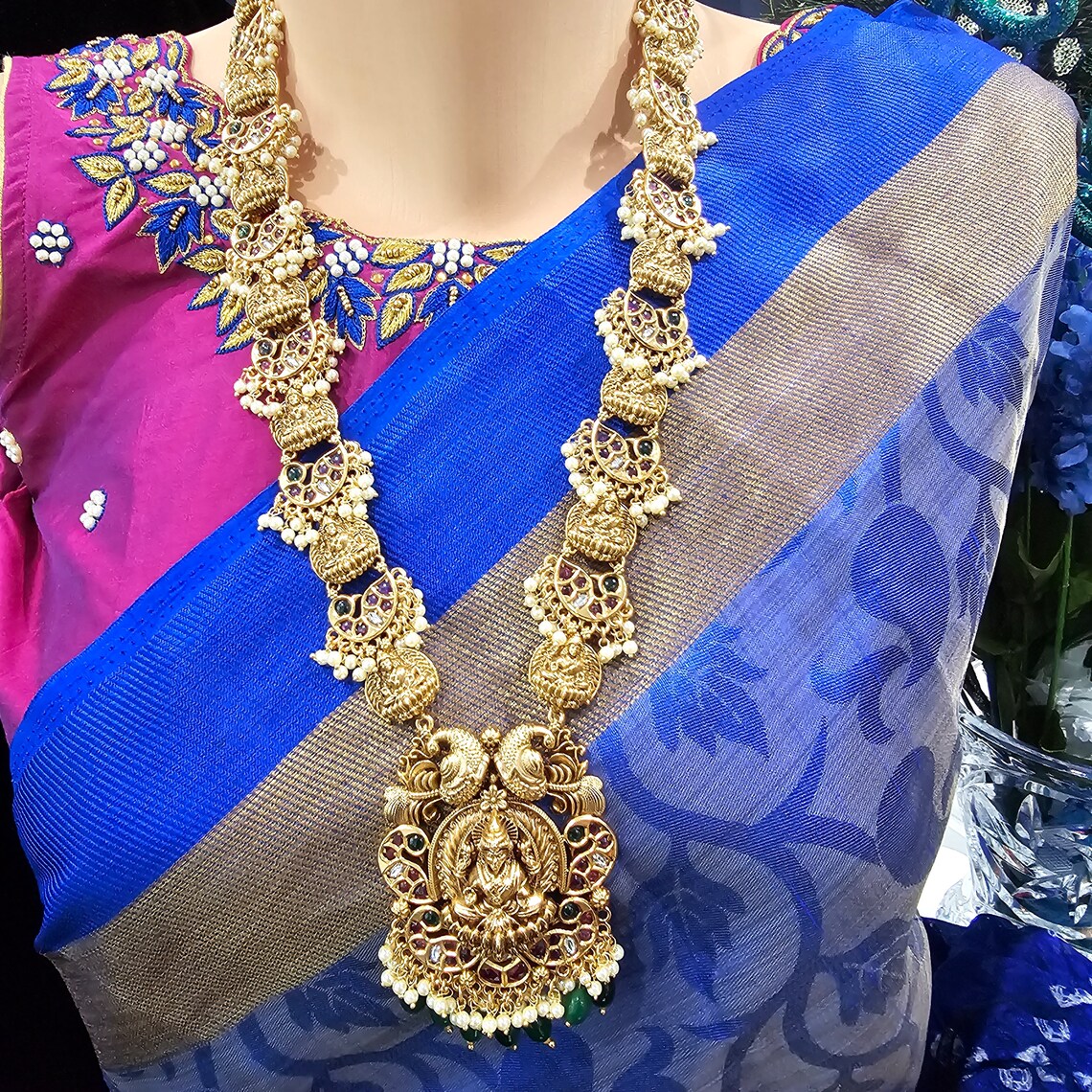 Antique Long Temple Haram With Green Beads, Indian Jewelry, Traditional ...
