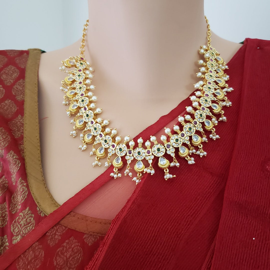 Guttapoosalu Necklace, Pota Stones With Uncut Czs and Pearls Jewelry ...