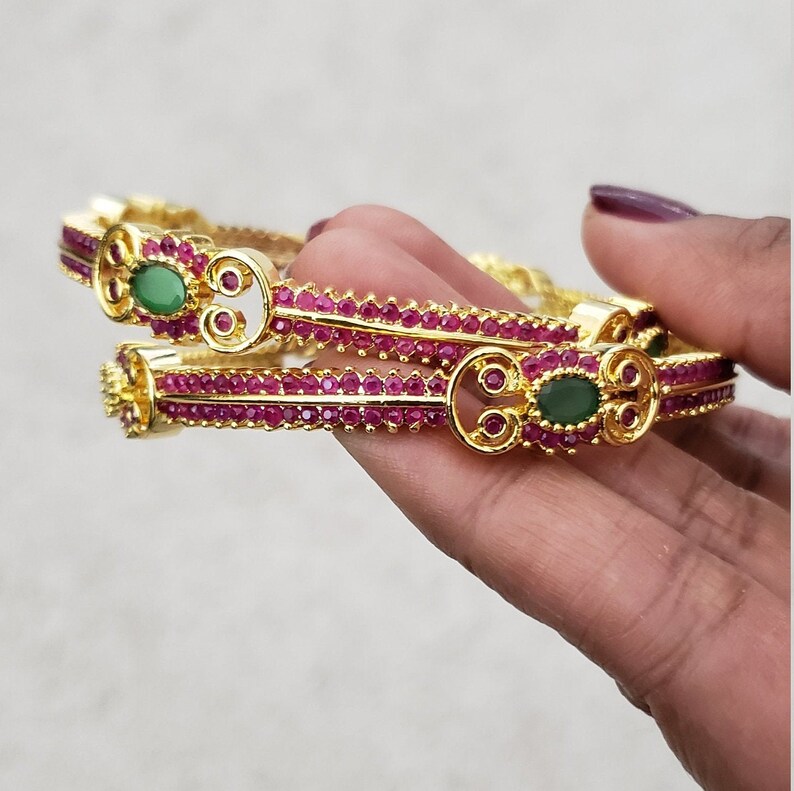 Ruby Bangles Set, 22k Gold Plated Semi Precious Ruby and Emerald ...
