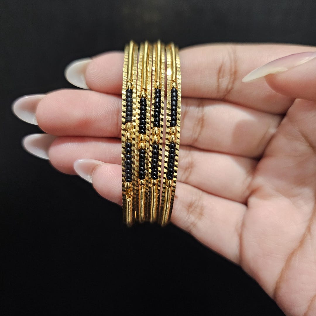 Black Bead Bangles, 2.6 Size 22k Gold Plated 4 Bangles Set, Traditional Indian Bangles, Wedding ...