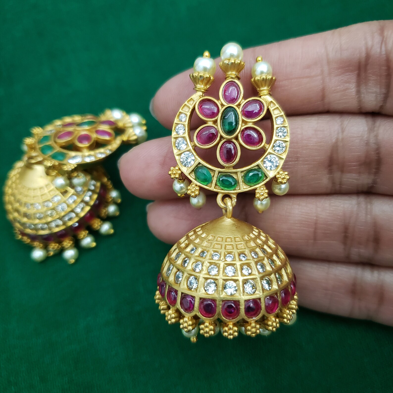 Uncut Pattern Jumkas With Pota Stones, Ethnic Jewelry, Buttalu, Jumkas ...