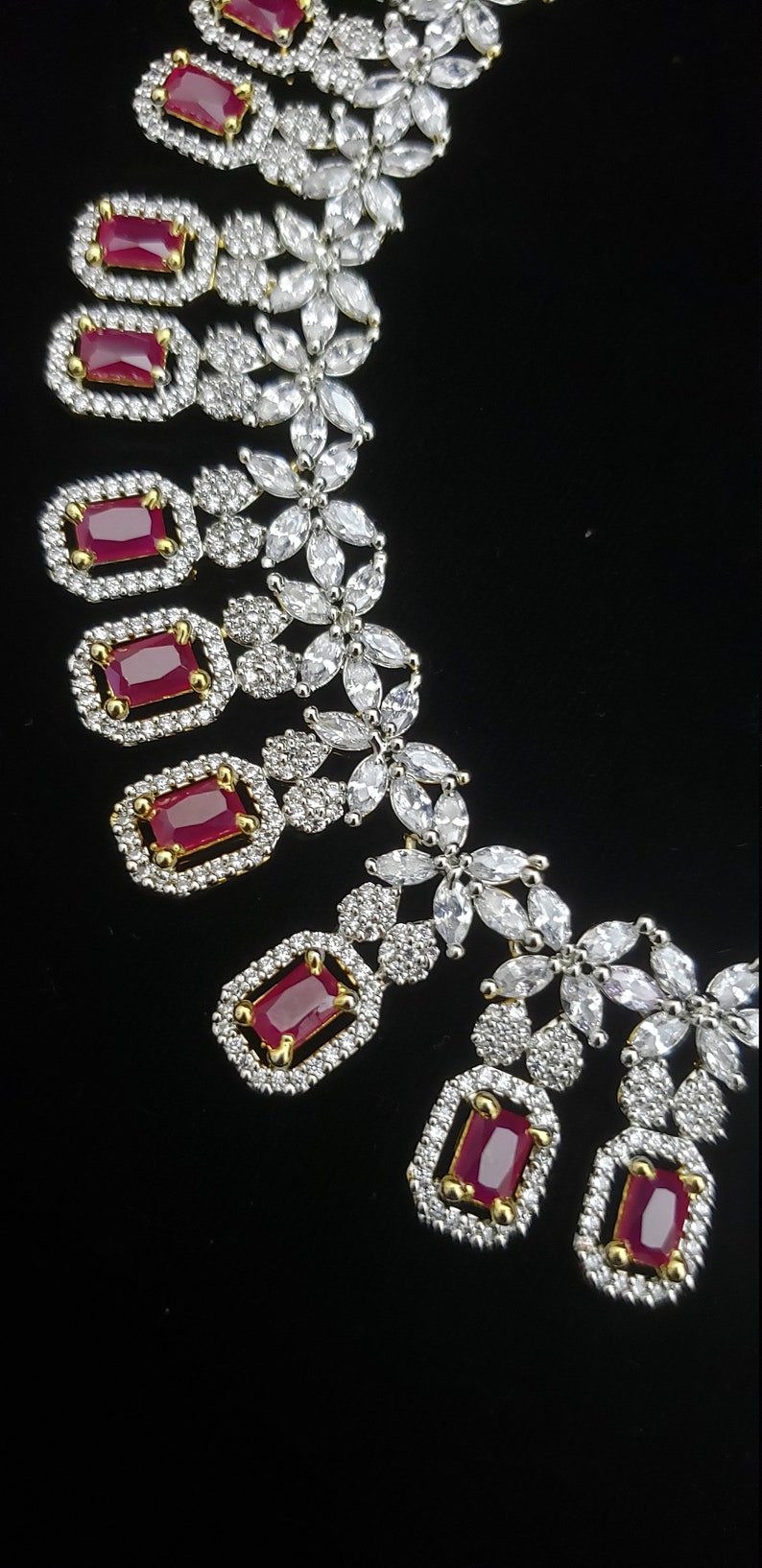 Ruby and CZ Necklace, American Diamond, Bridal Jewelry, Semi Precious ...