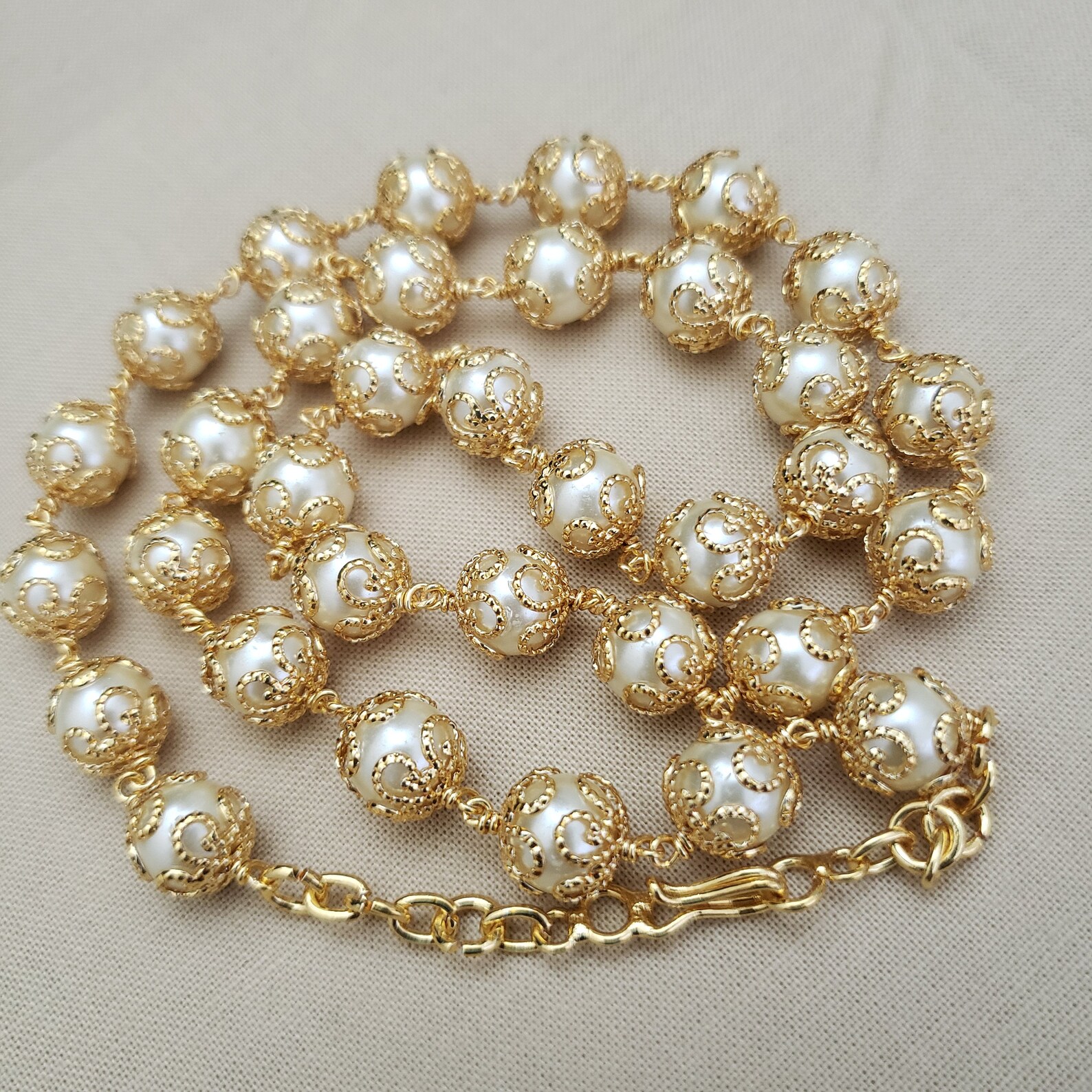 8mm Pearls Necklace, Gold Covering Caps on Either Sides of Pearls ...