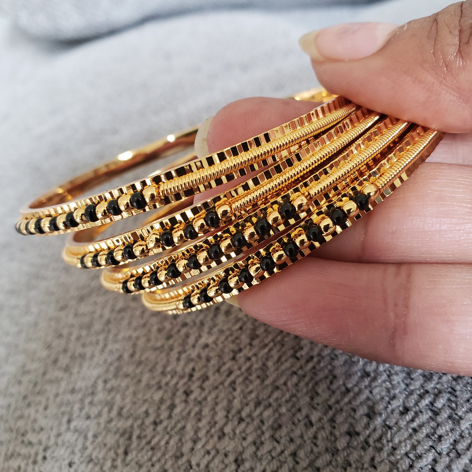 Black Beads Bangles Set 4 Bangle Set 22k Gold Plated Black | Etsy