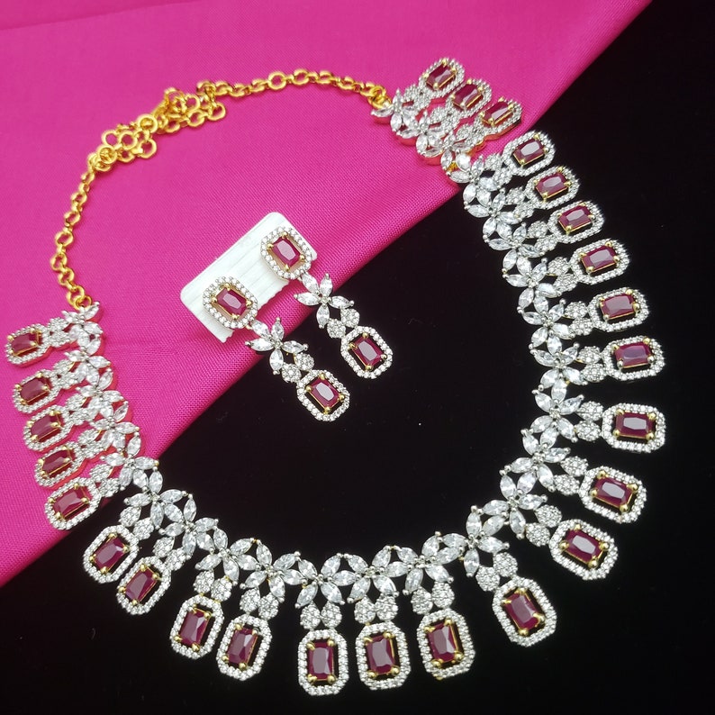 Ruby and CZ Necklace, American Diamond, Bridal Jewelry, Semi Precious ...
