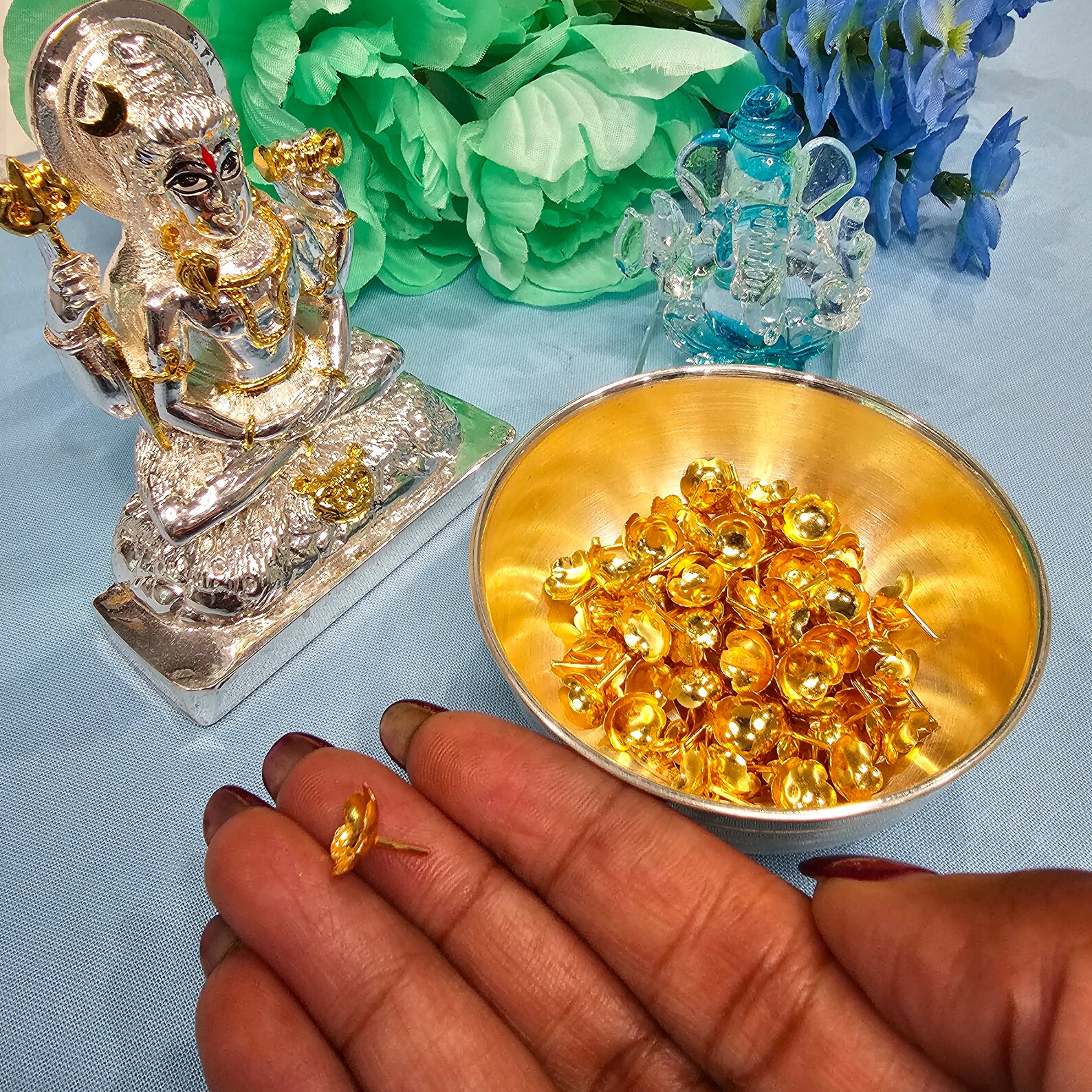 Pure Silver 108 Flowers, 22k Gold Covering Silver Flowers for Pooja ...