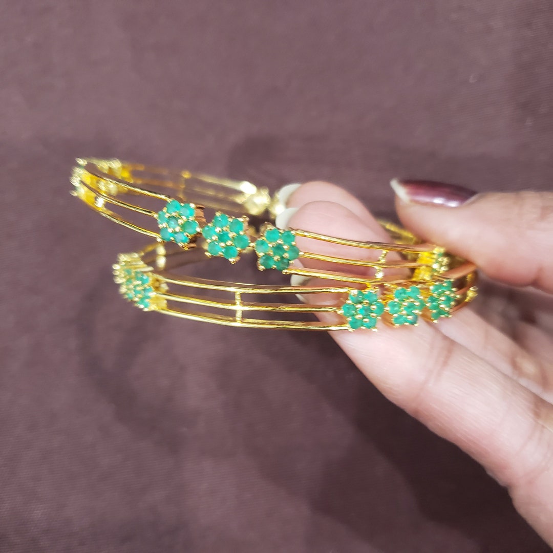 Green Stone Bangles Set, Semi Precious Emerald Bangles, Wedding Bangles ...