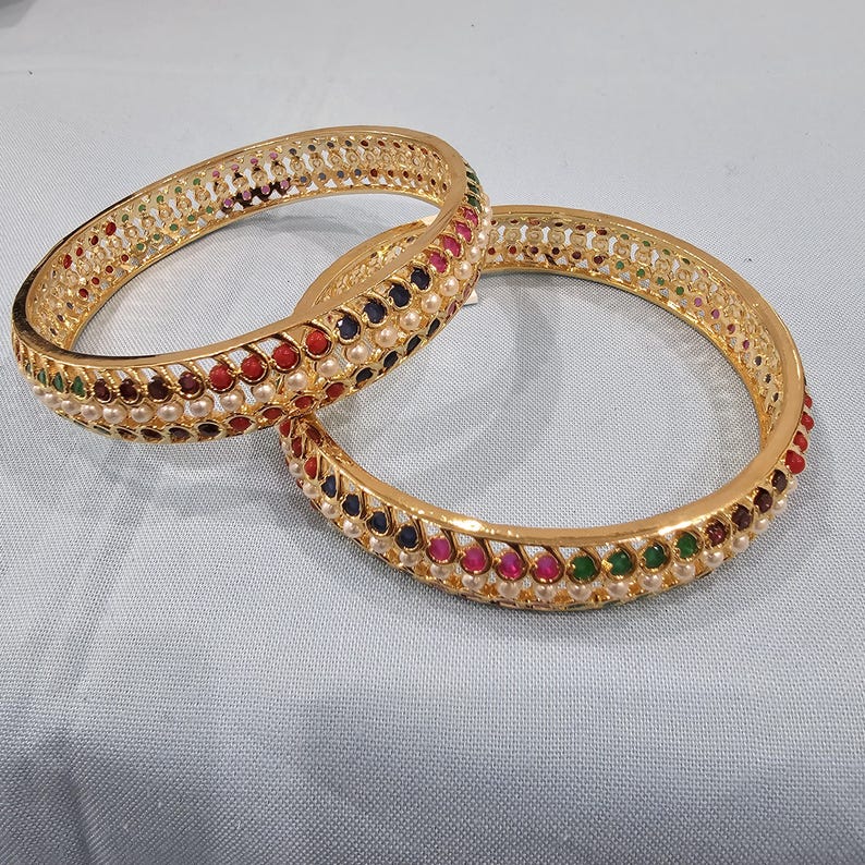 Navaratna Bangles, Set of 2, 9 Stones, Ruby, Emerald, Coral Pearl ...