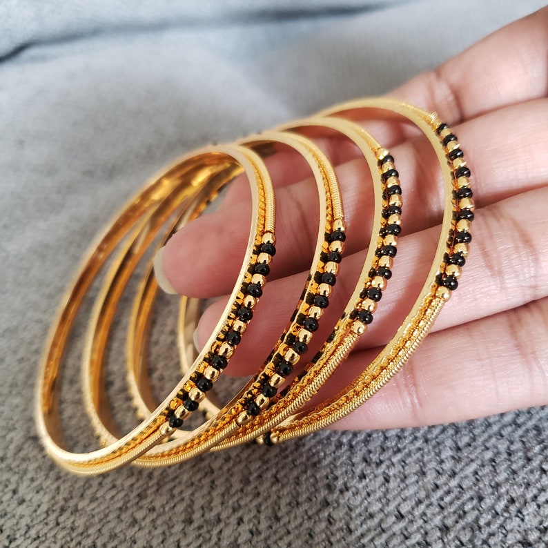 Black Beads Bangles Set, 4 Bangle Set 22k Gold Plated Black Beads ...