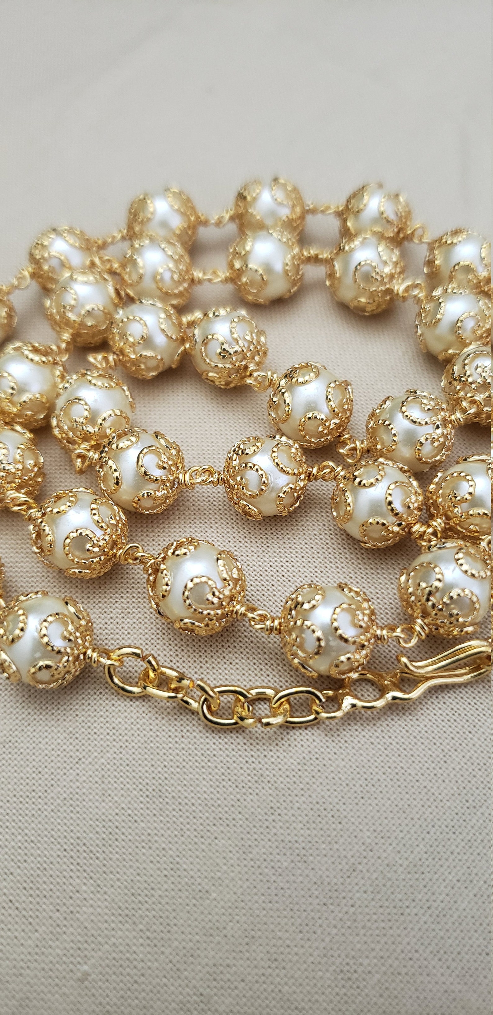 8mm Pearls Necklace, Gold Covering Caps on Either Sides of Pearls ...