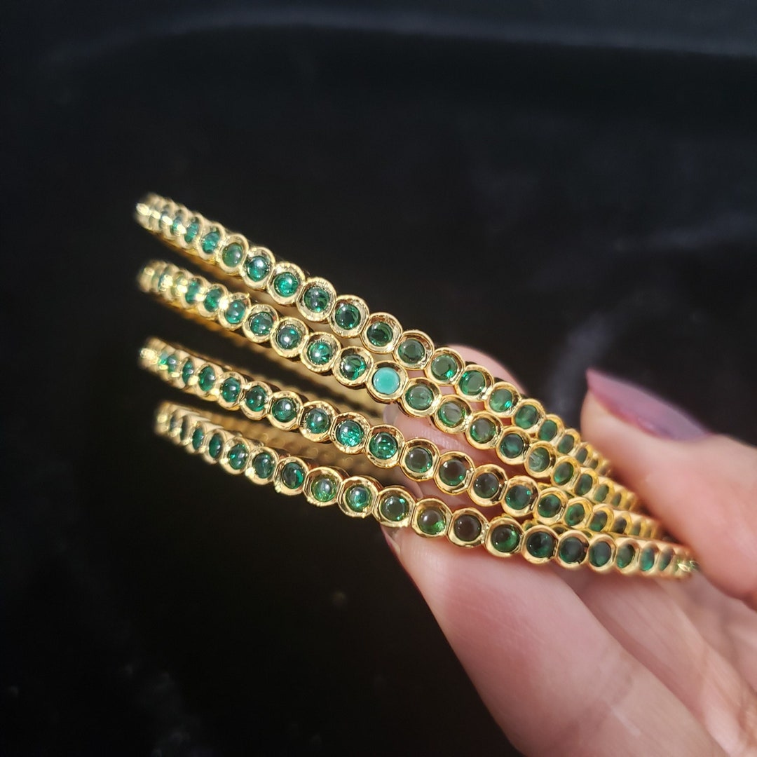 Green Pota 4 Bangle Set, 22k Gold Plated, Semi Precious Emerald Bangles ...