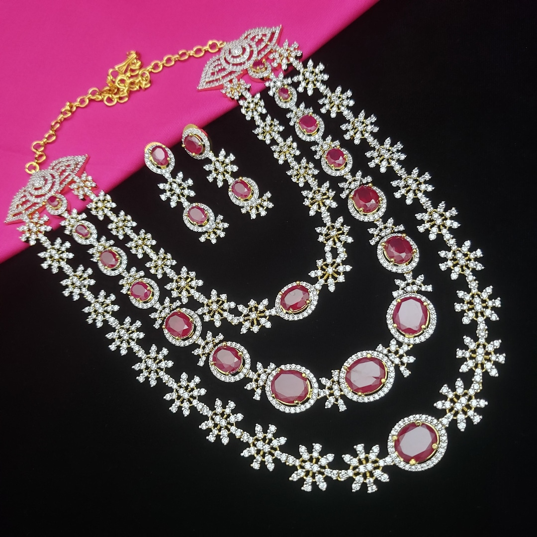 Circón cúbico y piedras de rubí Joyas de novias, Joyas de boda de 3 ...