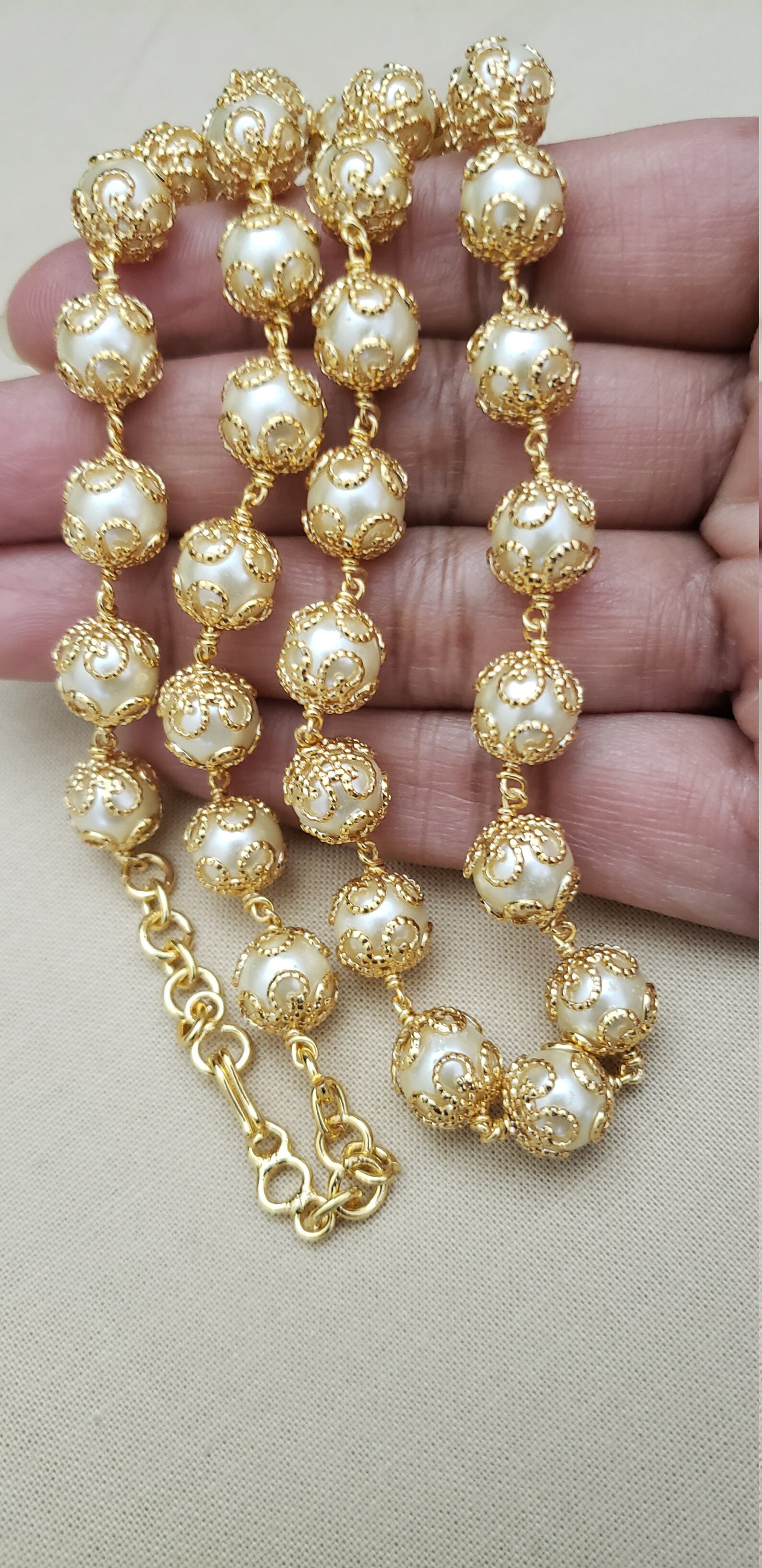 8mm Pearls Necklace, Gold Covering Caps on Either Sides of Pearls ...