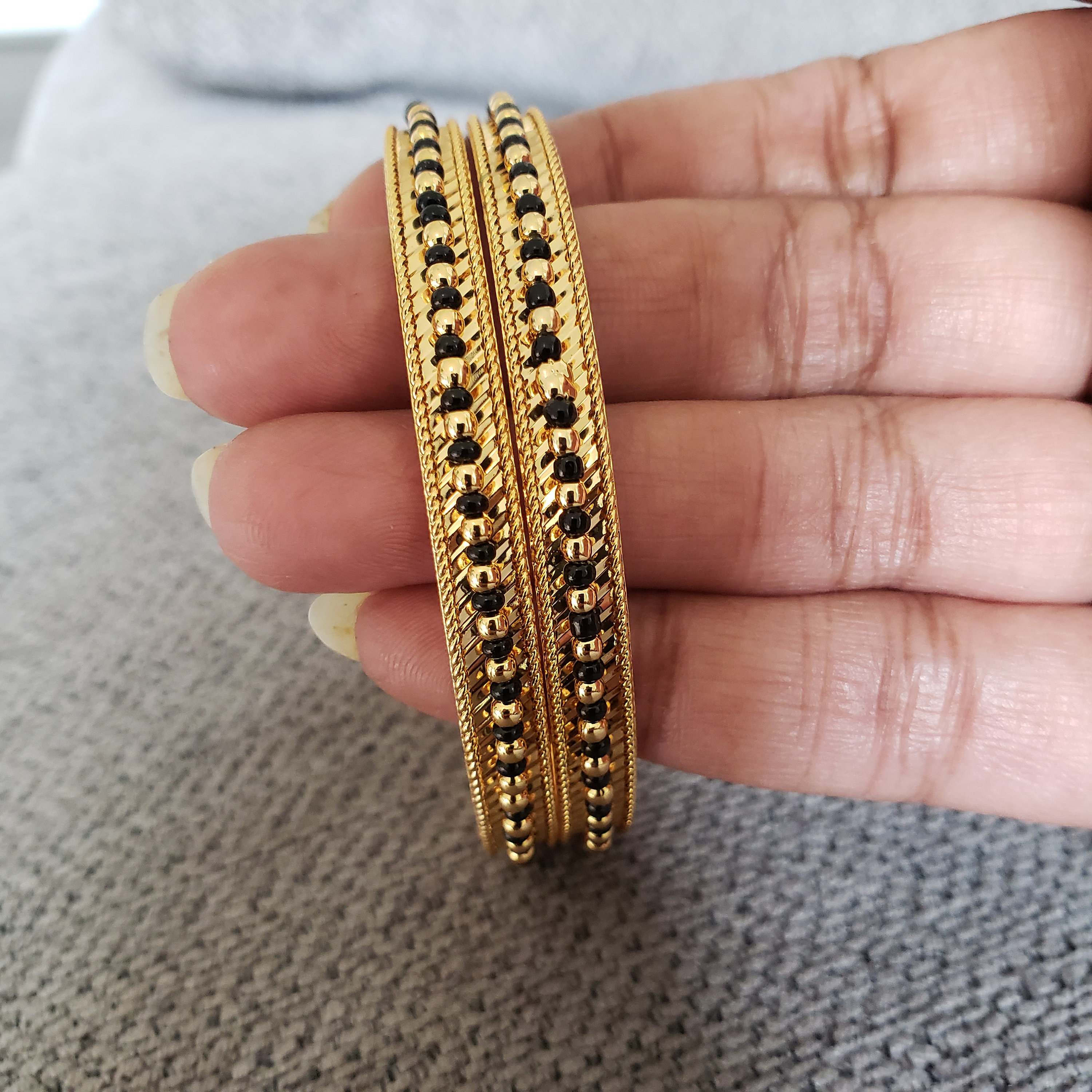 Black Beads Bangles Set, 2 Bangle Set, 22k Gold Plated, Bracelet Set ...