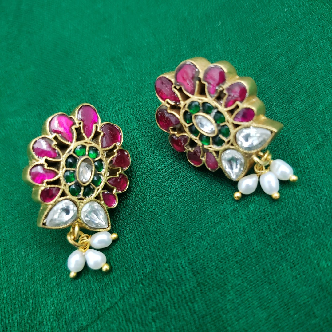 Traditional Earrings, Pure Kempu Earrings, Real Pearls and Stones With ...