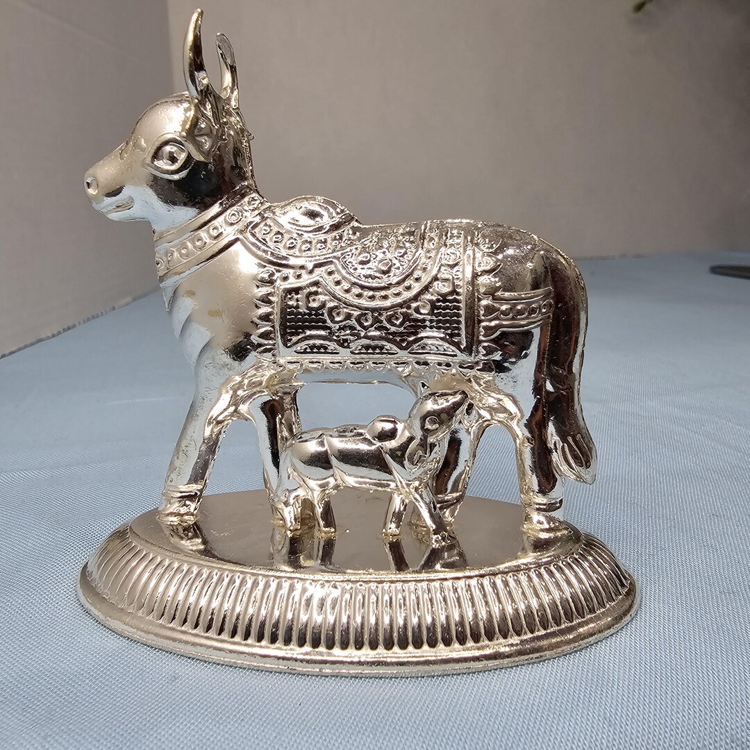 92.5 Pure Silver Cow and Calf Idol, Housewarming Decor, Gowmatha With ...