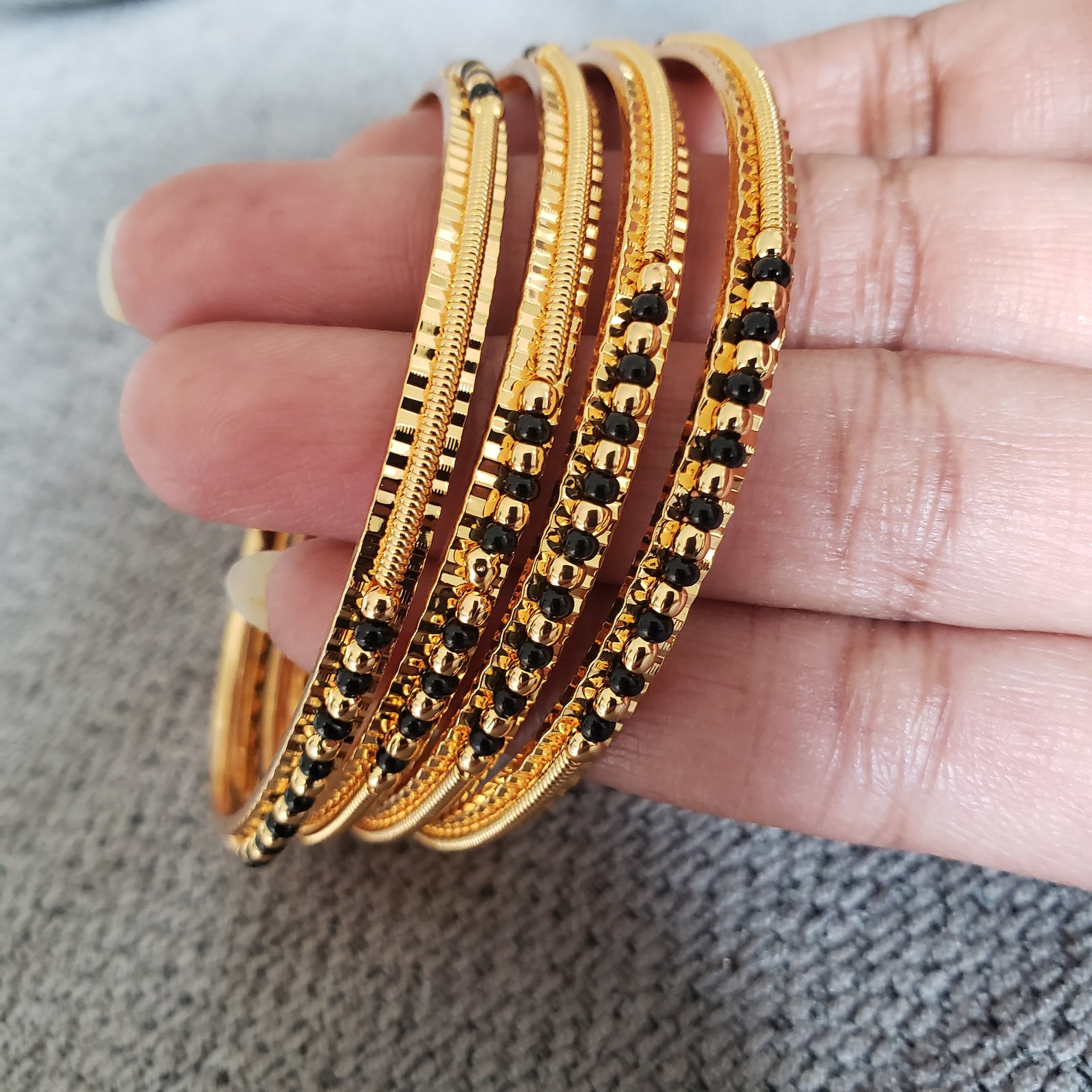 Black Beads Bangles Set 4 Bangle Set 22k Gold Plated Black | Etsy