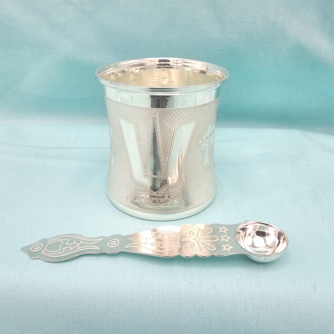 Pure Silver Pancha Patra With Spoon, Shanku Chakra Design, Housewarming ...