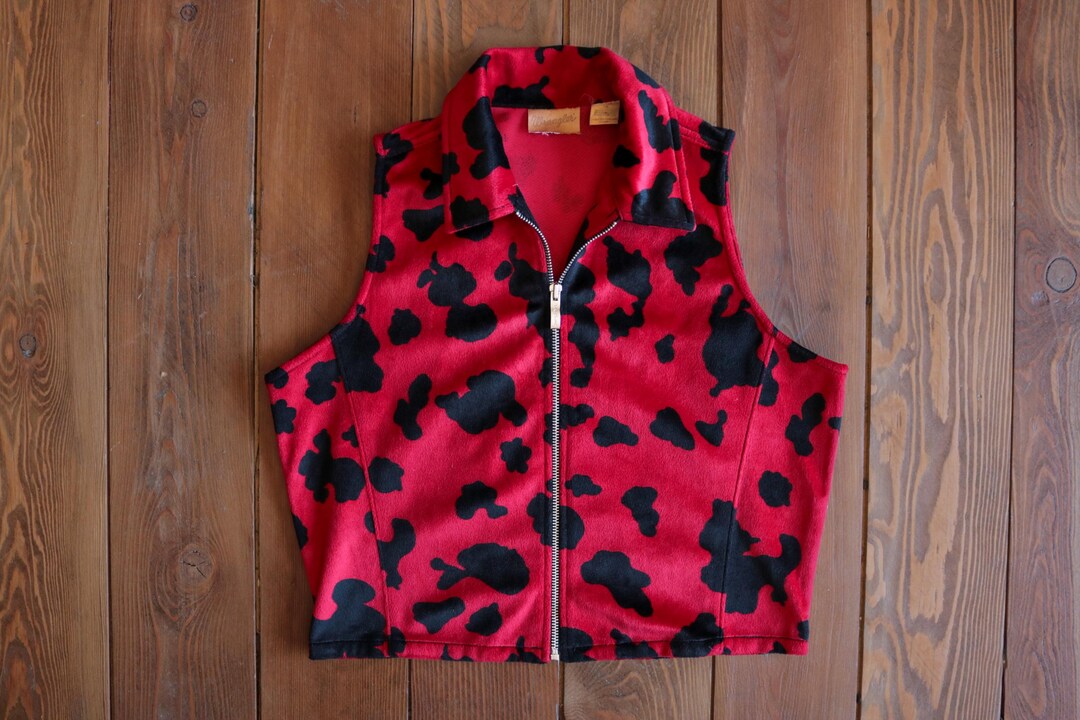 Vintage Red and Black Cow Print Velvet Zip up Cropped Vest - Etsy