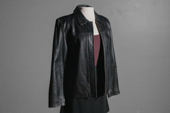 1990's Black Leather Boxy Zip Up Collared Jacket - Gem