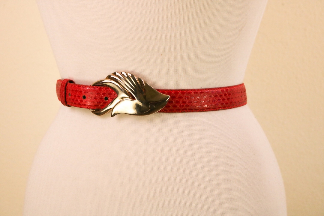 1980's Red Genuine Snake Skin Belt With Gold Leaf Buckle Statement ...