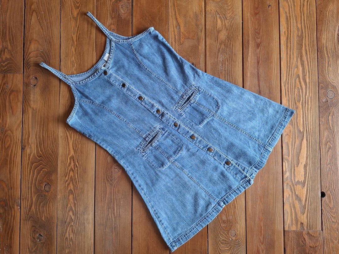 1990's Denim Spaghetti Strap Button Down Mini Flare Dress With Pockets ...