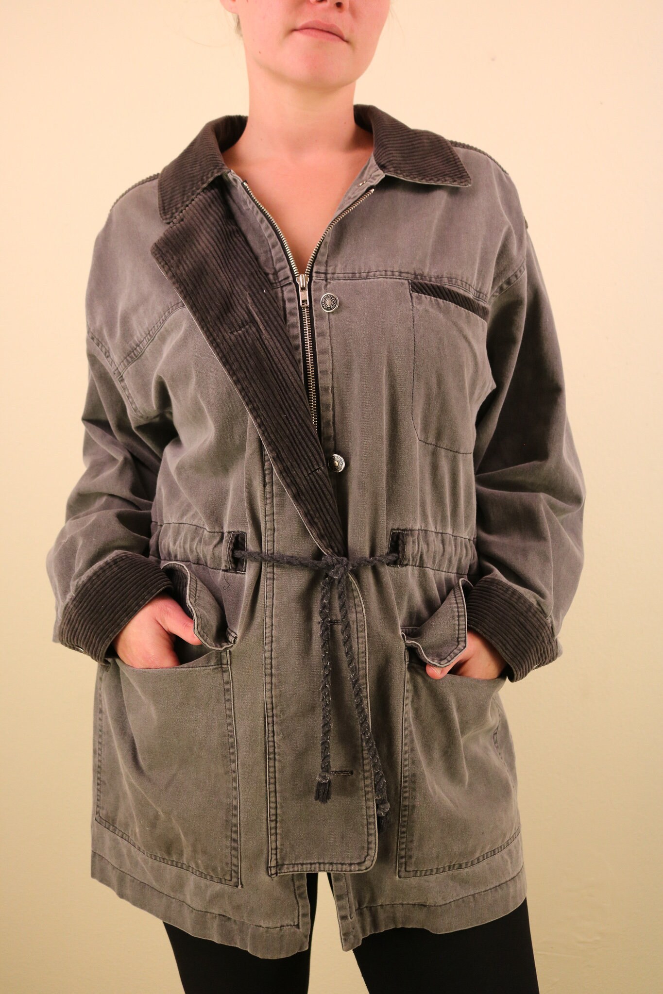 1990’s Vintage Urban Streetwear Light Grey Denim Jacket With Drawstring ...