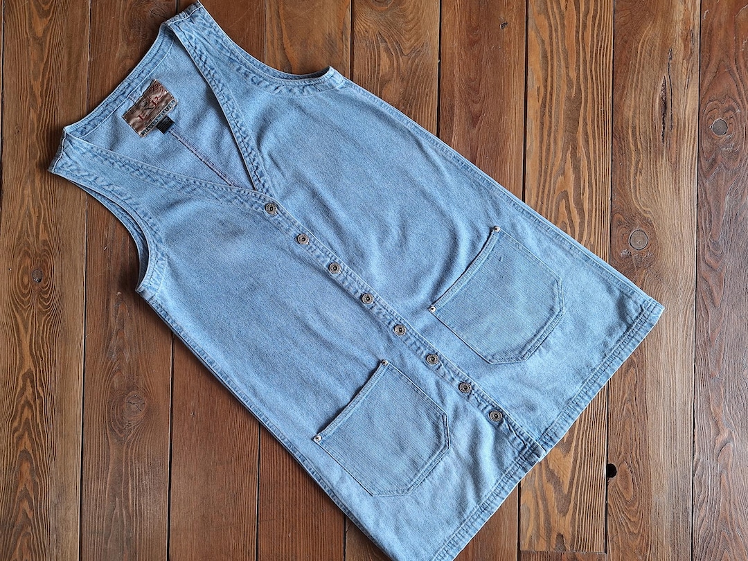 1990's Denim Light Wash Button Down Knee Length Sleeveless Jumper With ...