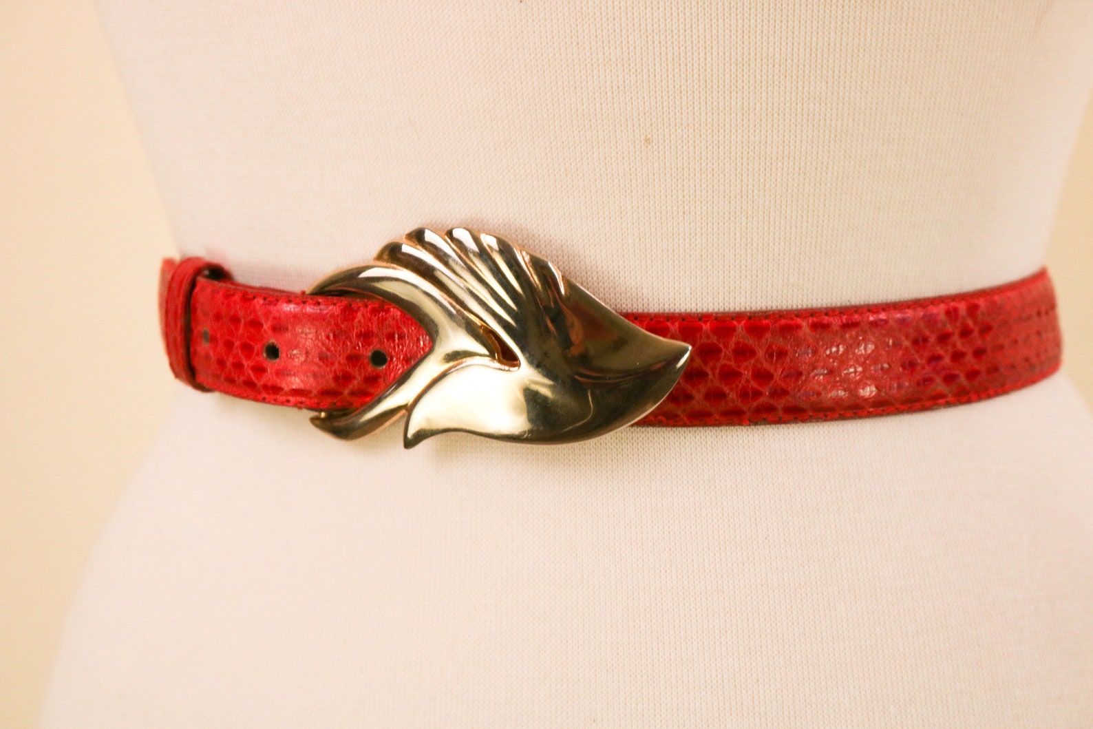 1980's Red Genuine Snake Skin Belt With Gold Leaf Buckle - Etsy