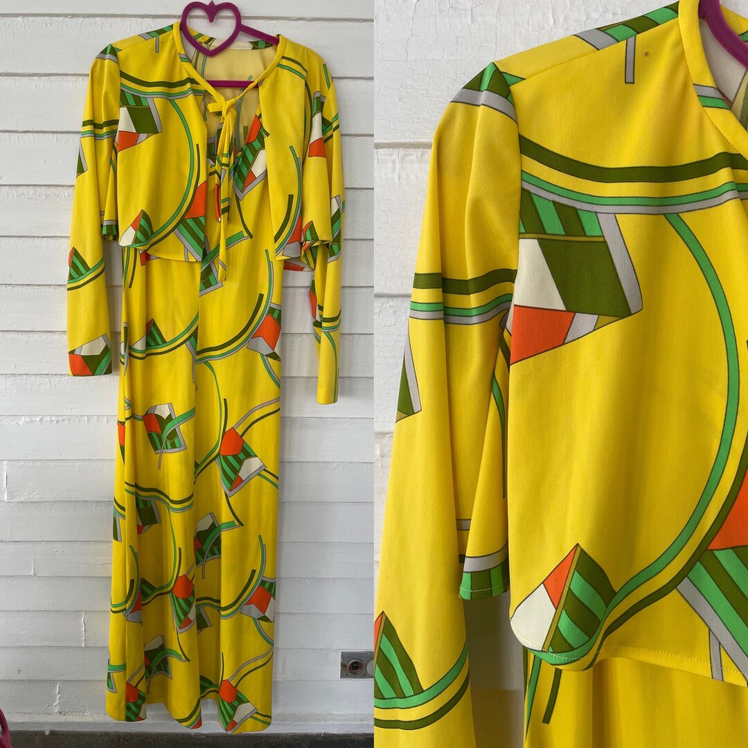 Funky Loud 70s Art Deco Bright Yellow Geometric Print Dress and Jacket ...
