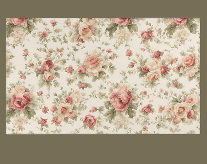 Green & Pink Floral Area Rug, Blossom Floor Mat, Spring Rug for Living ...