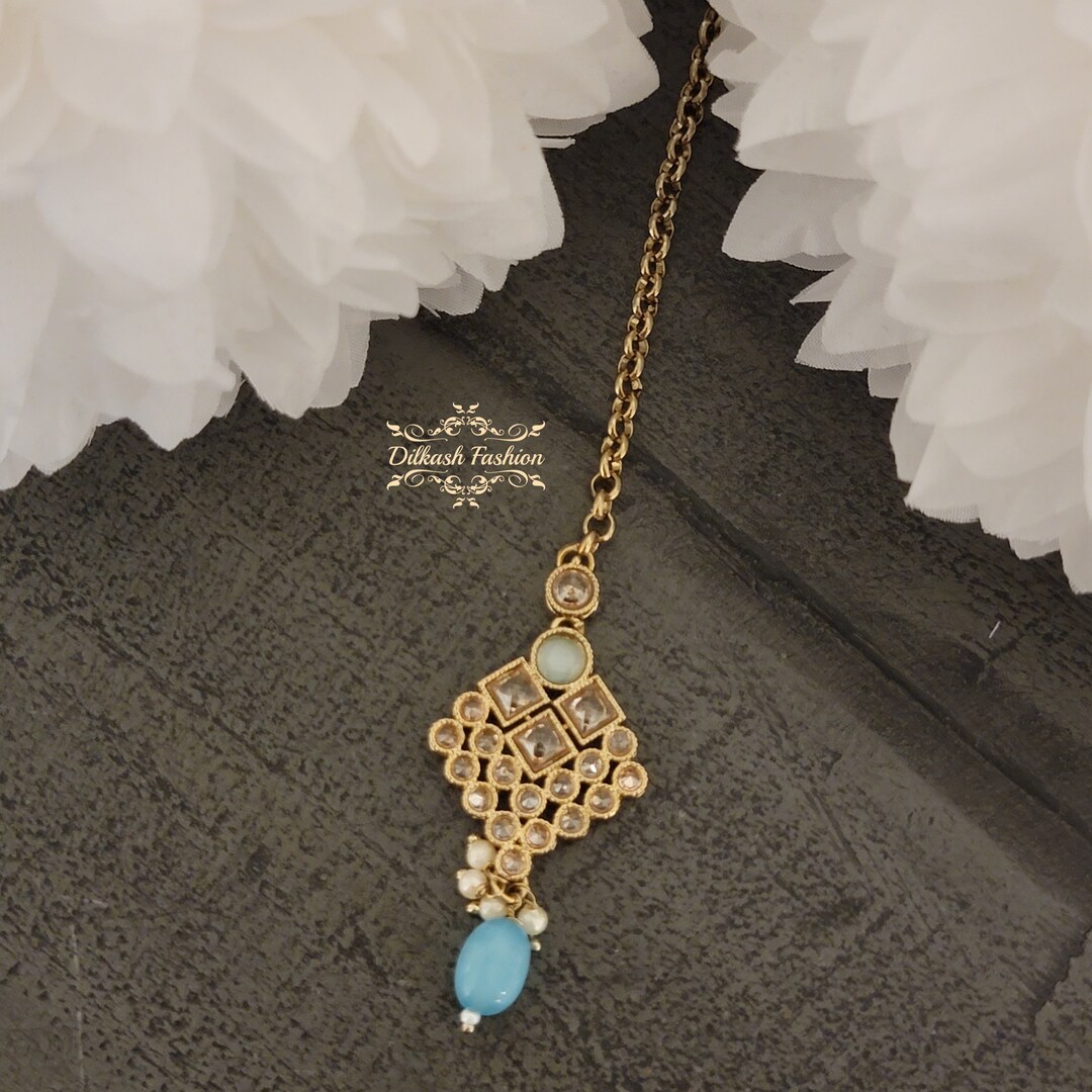 Pakistani Indian Punjabi Turquoise Blue Gold Polki Tikka Maangtikka ...