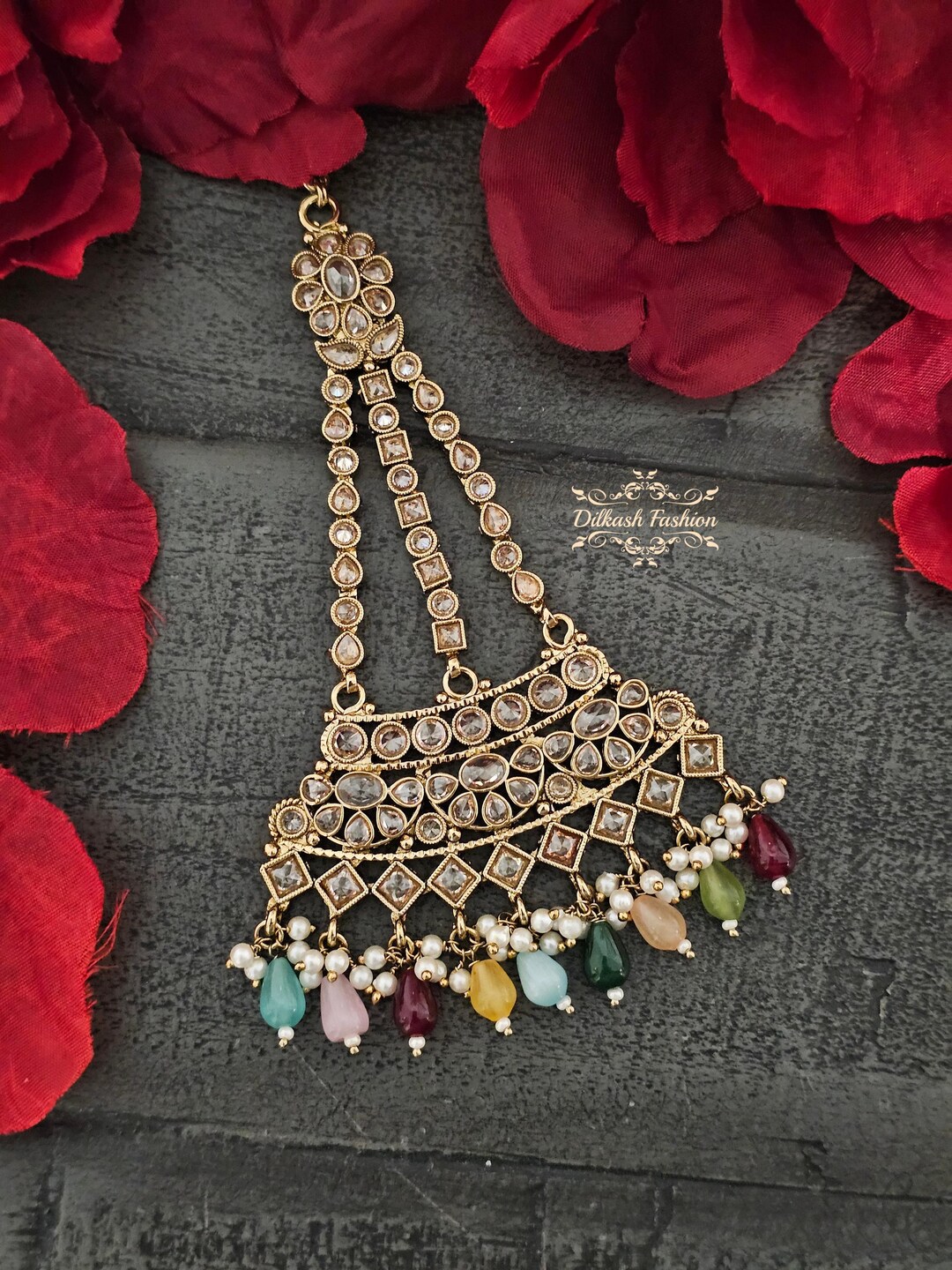 Pakistani Indian Gold Multi Polki Jhumar Passa Headpiece Dilkash ...