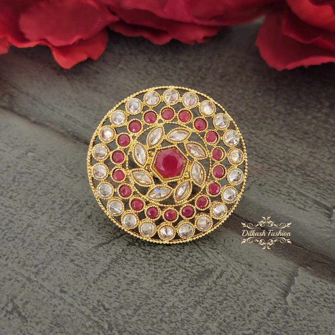 Pakistani Indian Punjabi Beautiful Ruby Gold Polki Adjustable Ring ...