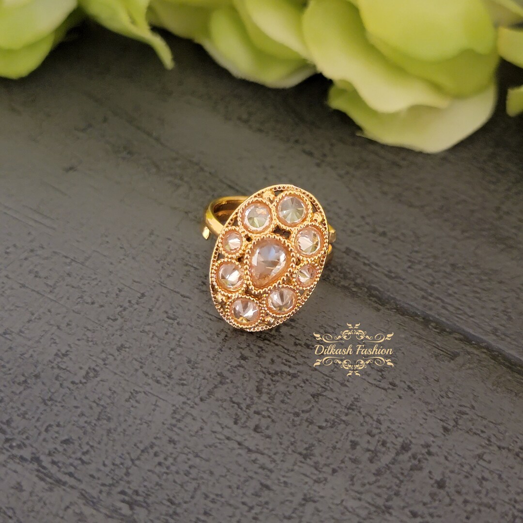 Pakistani Indian Punjabi Beautiful Gold Polki Adjustable Ring Dilkash Fashion Jewelry Bollywood ...