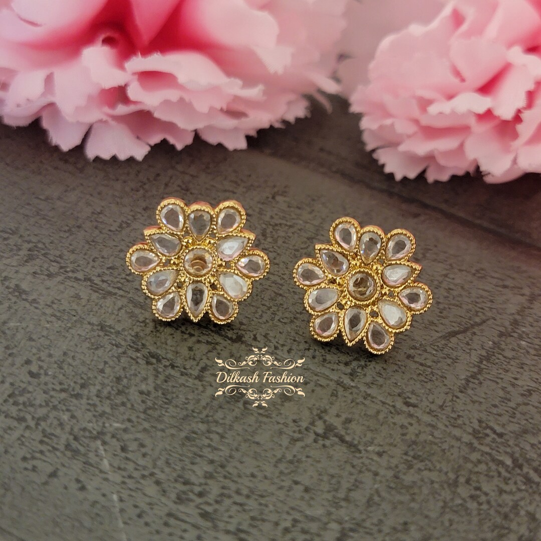 Pakistani Indian Punjabi Gold White Polki Studs Earrings Dilkash ...