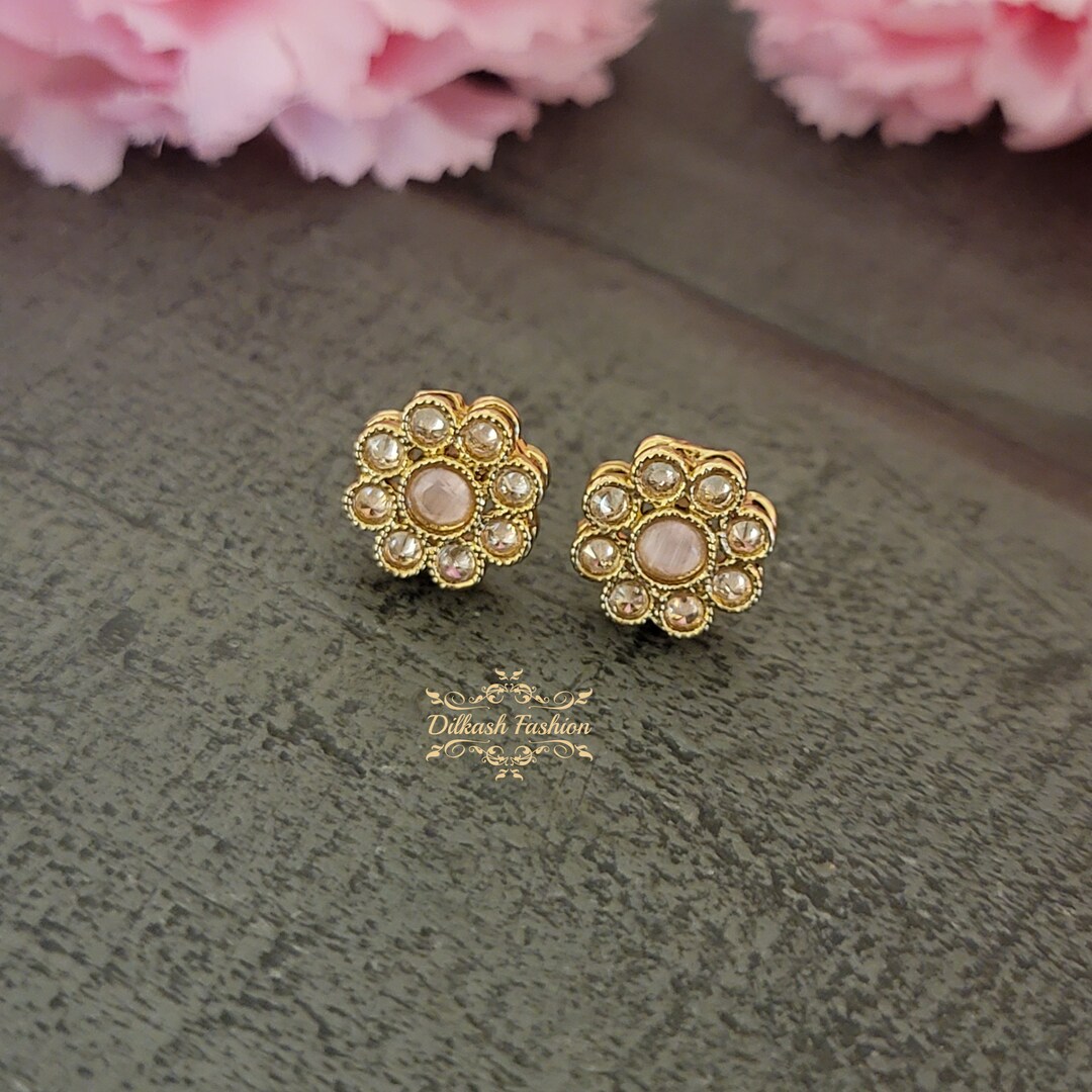 Pakistani Indian Punjabi Gold Pink Polki Studs Earrings Dilkash Fashion Jewelry Chandbali Jhumki ...