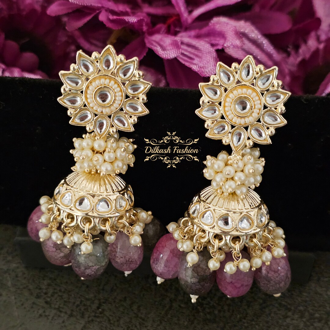 Pakistani Indian Punjabi Gold Kundan Natural Stone Purple Green Jhumki ...